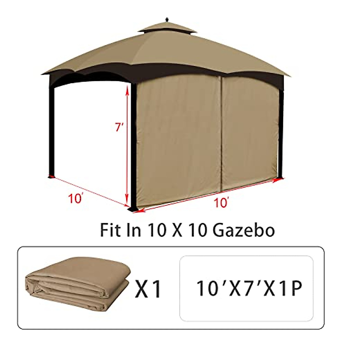 Gazebo Universal Replacement Privacy Curtains - Gafrem 10' x 10' Canopy Side Wall Privacy Panel with Zipper, 1 Panel Sidewall ONLY (Khaki)