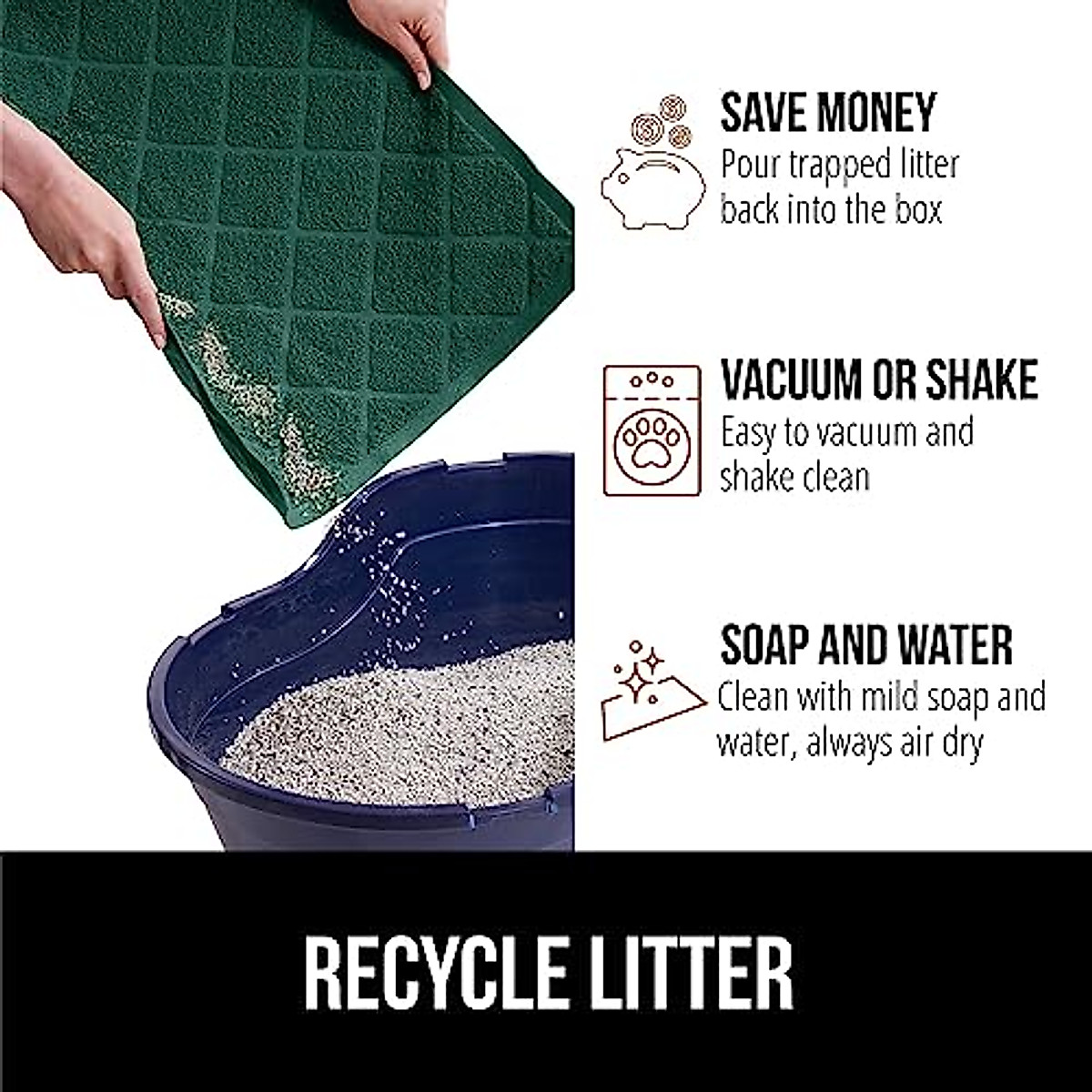 GORILLA GRIP Cat Litter Box Mat, Water Resistant Kitty Litter Trapping Mat, Textured Backing, Easy to Clean, Less Waste and Clean Floors, Kitten Supplies for Indoor Cats, Soft on Paws, 30x20 Green