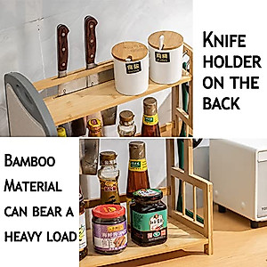 SHUOXIANG Kitchen Spice Racks, Bamboo Countertop Storage Organizer Jars Bottle Sauce Seasoning Rack Holder, 2 Tier Standing Step Shelf, Includes Knife, Cutlery, Chopping Board Storage, plus 2 Hooks