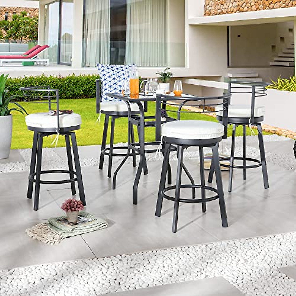 LOKATSE HOME 5 Piece Outdoor Dining Set Chairs and Square Bar Table for Backyard, Porch or Garden, Beige