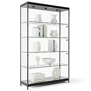 Displays2go 48 Inch Glass Display Case, Nine LED Lights, Four Shelves, Lockable Hinged Doors - Black (LESC4816BK)