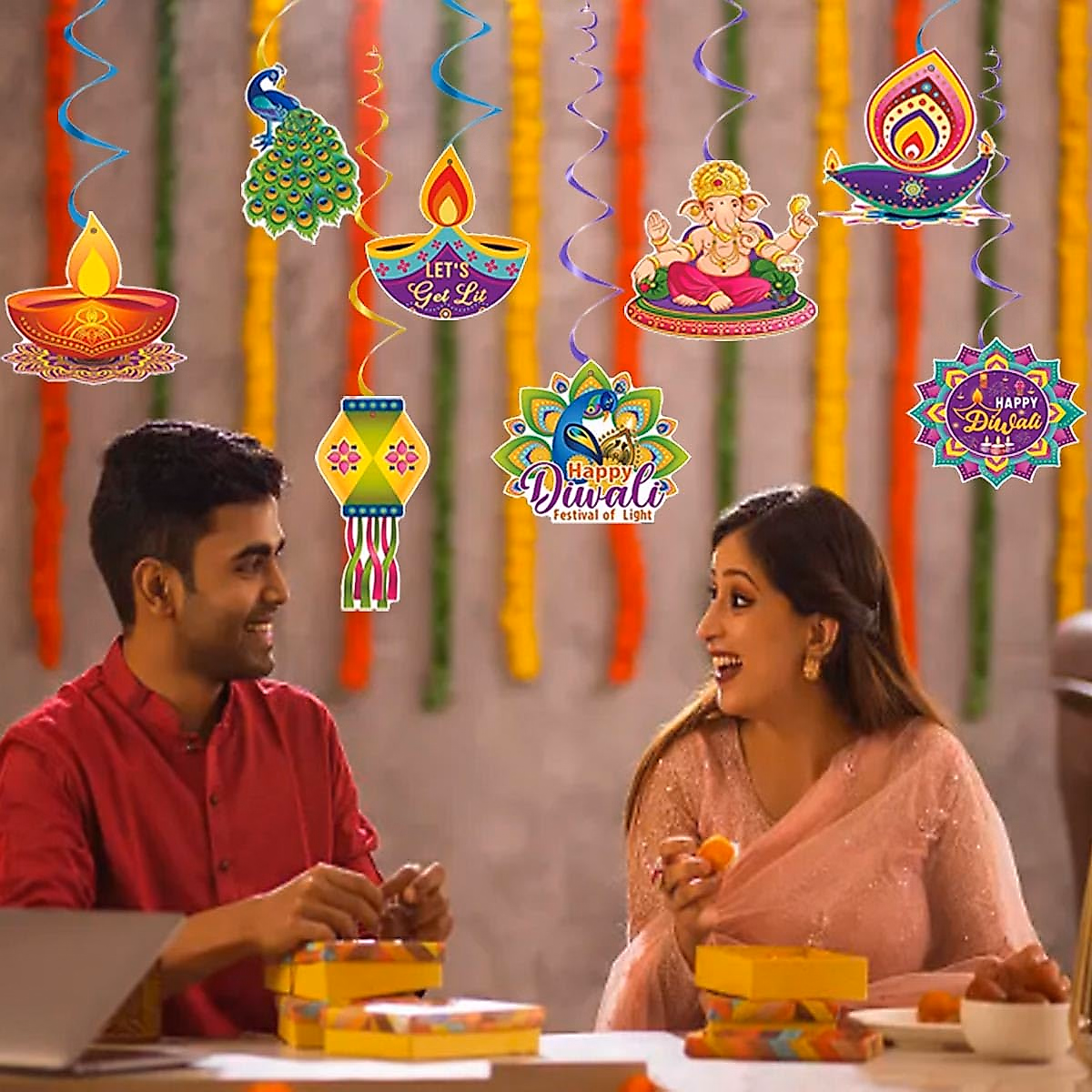 12 PCS Diwali Decorations,Diwali Hanging Swirls Party Decoration Streamer Banner for Home Diwali Indian Style Party, Diwali Deepavali Streamer for Themed Party Supplies Festival of Lights Party Decor