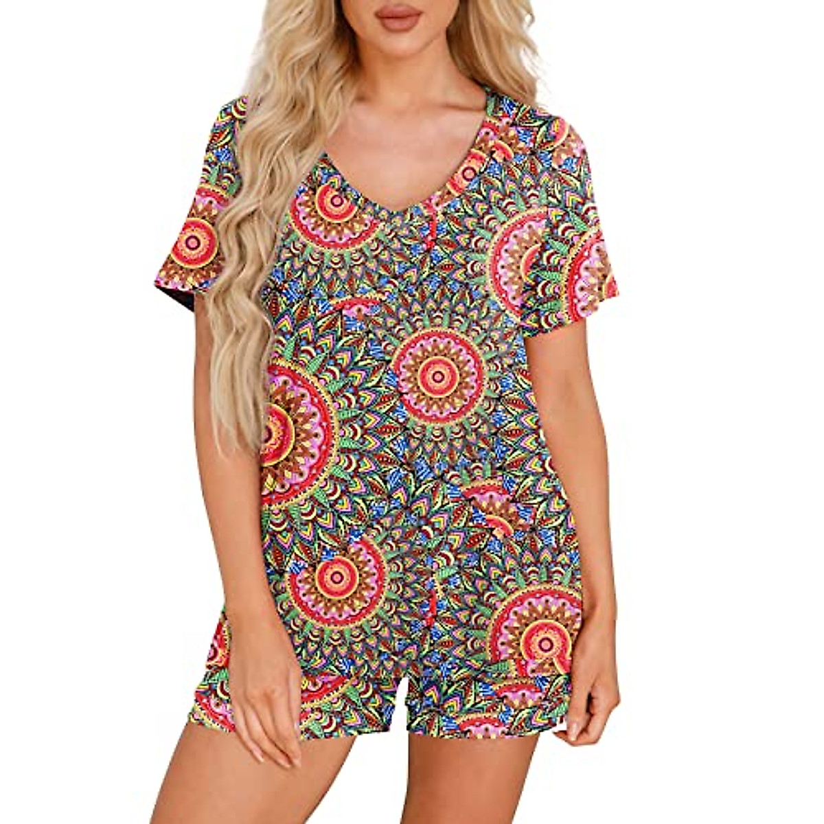 PrinStory Women's Pajama Set Short Sleeve Shirt and Shorts Sleepwear Pjs Sets with Pockets FP-Peacock Blue-Large