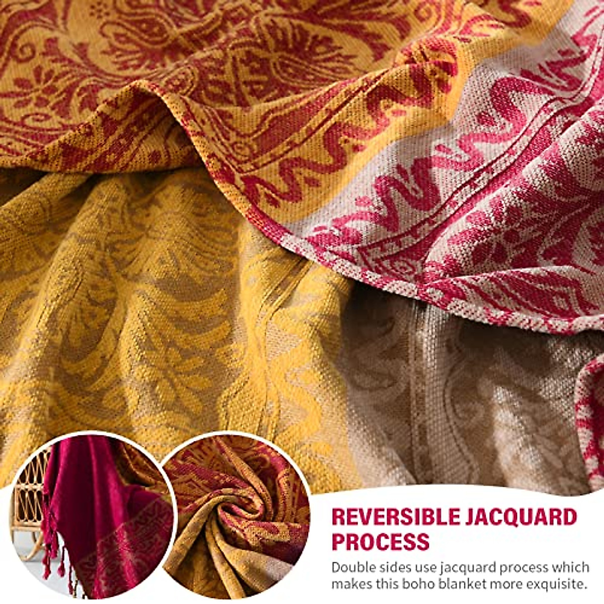 Y-PLWOMEN Bohemian Chenille Throw Blanket for Couch, Woven Jacquard Boho Blankets wiz Tassel, Hippie Tribal Blanket for Bed Sofa Recliner Loveseat Decor(Red Yellow, 60x75)