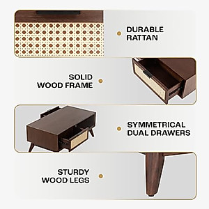 Bme Modern Solid Wood Coffee Table with Storage, Accent Rattan Design, Perfect for Living Room, Walnut, Medium