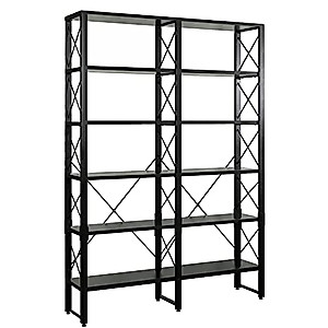 MELLCOM Double Wide 6-Tier Bookshelf, Industrial Open Large Bookcase, Wood and Metal Tall Bookshelves for Living Room Bedroom Office, Black