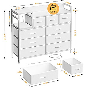 GAOMON Dresser TV Stand with Power Outlet, Bedroom Dresser with 9 Drawers, Chest of Drawers for Living Room, Hallway(White)