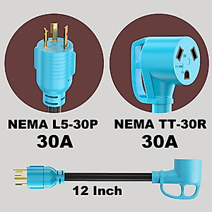 CircleCord 3 Prong 30 Amp Twist Lock Adapter, Generator to RV Adapter Cord with Grip Handle, L5-30P Twist Lock Male to TT-30R Female, Heavy Duty STW 10 AWG for Generator to RV Trailer Camper