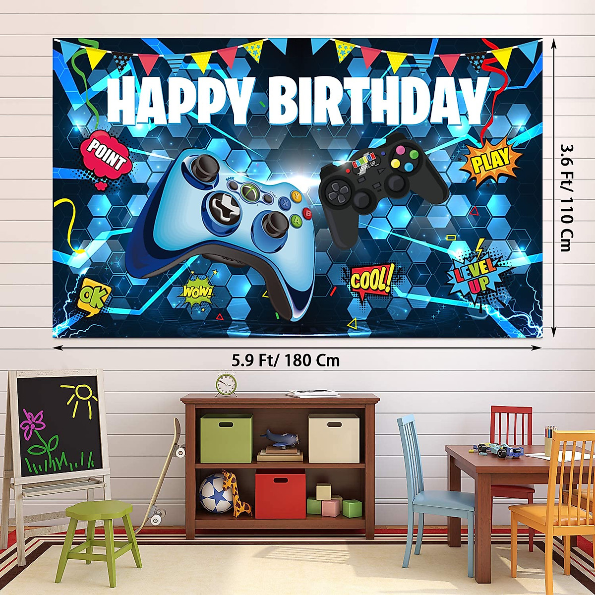 KimaruLZ Video Game Birthday Party Decorations - 109Pcs Gamer Gaming Party Supplies For Boys Birthday Party - Happy Birthday Backdrop, Table Cover, Hanging Swirls, Cupcake Cake Topper, Balloons