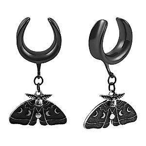 Atomhole 2 PCS Ear Gauges Black Butterfly Dangle Saddle Ear Tunnels Hypoallergenic 316 Stainless Steel Ear Hangers Plugs Piercing Body Jewelry (10mm(00G), Black)