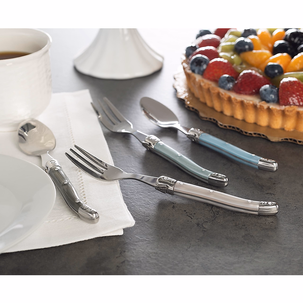 Laguiole 8 Piece Dessert & Cocktail Set – Dessert Utensils Set w/Mother of the Pearl Handles – 4 Dessert Forks (6.75") & 4 Small Dessert Spoons (6")