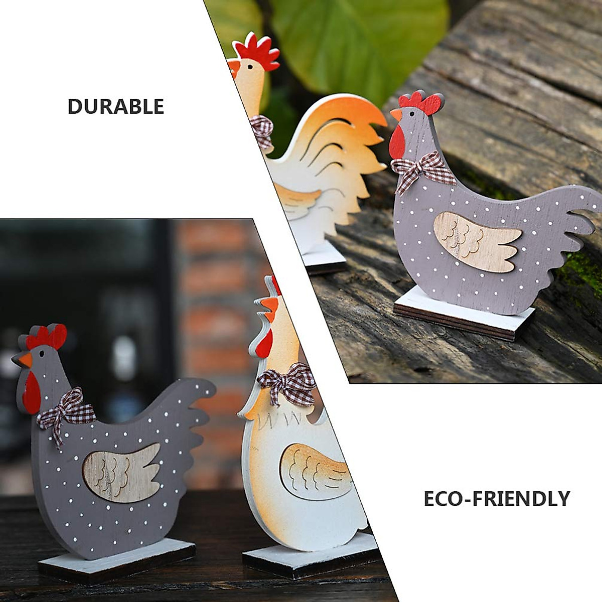 NUOBESTY Rustic Wood Chicken,2 Pcs Tabletop Decor Carved Chicken Statue Home Decor Rooster Cock Hen Animal Sculpture Easter Garden Ornament Decorations