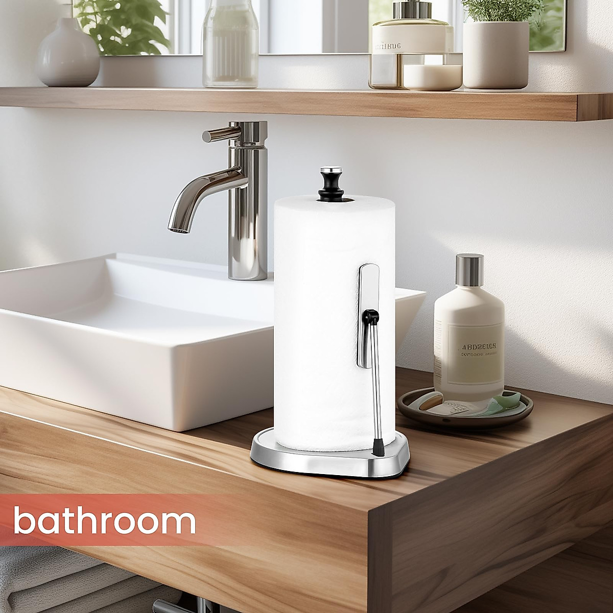 Dailyart Tension Arm Kitchen Paper Towel Holder Stand Designed for Easy One- Handed Operation - Heavy Duty Stainless Steel Paper Towel Holder Countertop, Paper Towel Rack for Standard Large Size Rolls