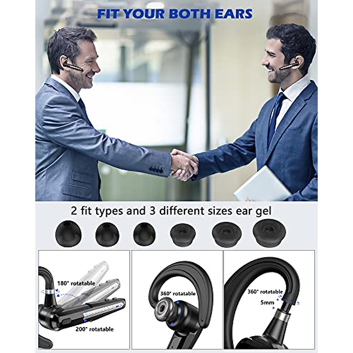 TIANLI Bluetooth Headset V5.0, Bluetooth Earpiece with CVC8.0 Active Noise Canceling Dual Microphones for Computer and Cell Phone, Hands-Free Bluetooth Earphone for Driving/Office/Business, Black