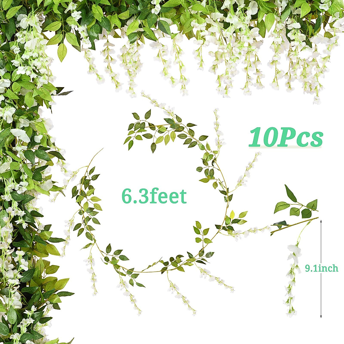 10 Packs Wisteria Artificial Flowers Garland,Total 63ft White Artificial Wisteria Vine Silk Hanging Flower Greenery for Home Garden Outdoor Ceremony Arch Floral Decor Decoration(White)