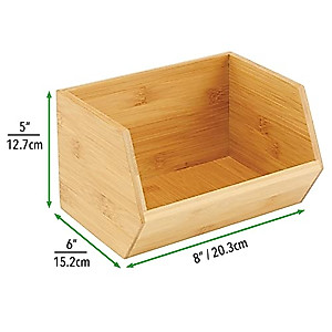 mDesign Bamboo Stackable Food Storage Organization Bin Basket - Wide Open Front for Kitchen Cabinets, Pantry, Offices, Closets, Holds Snacks, Dry Goods, Packets, Spices, Teas - 2 Pack - Natural Wood