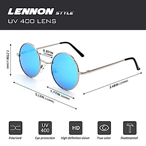 CGID E01 Lennon Polarized Sunglasses with Case for Women Men Circle Round Retro Vintage Sun Glasses Circular Shades Sliver Metal Rimmed Blue Mirror Lens, Small 45mm, Gift Package