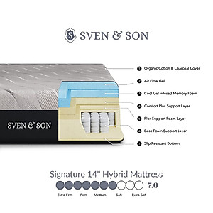 Sven & Son Queen Hybrid Mattress 14" Bamboo Charcoal and Luxury Cool Gel Memory Foam, Motion ISOLATING Springs, Designed in USA(Queen, Mattress Only 14")