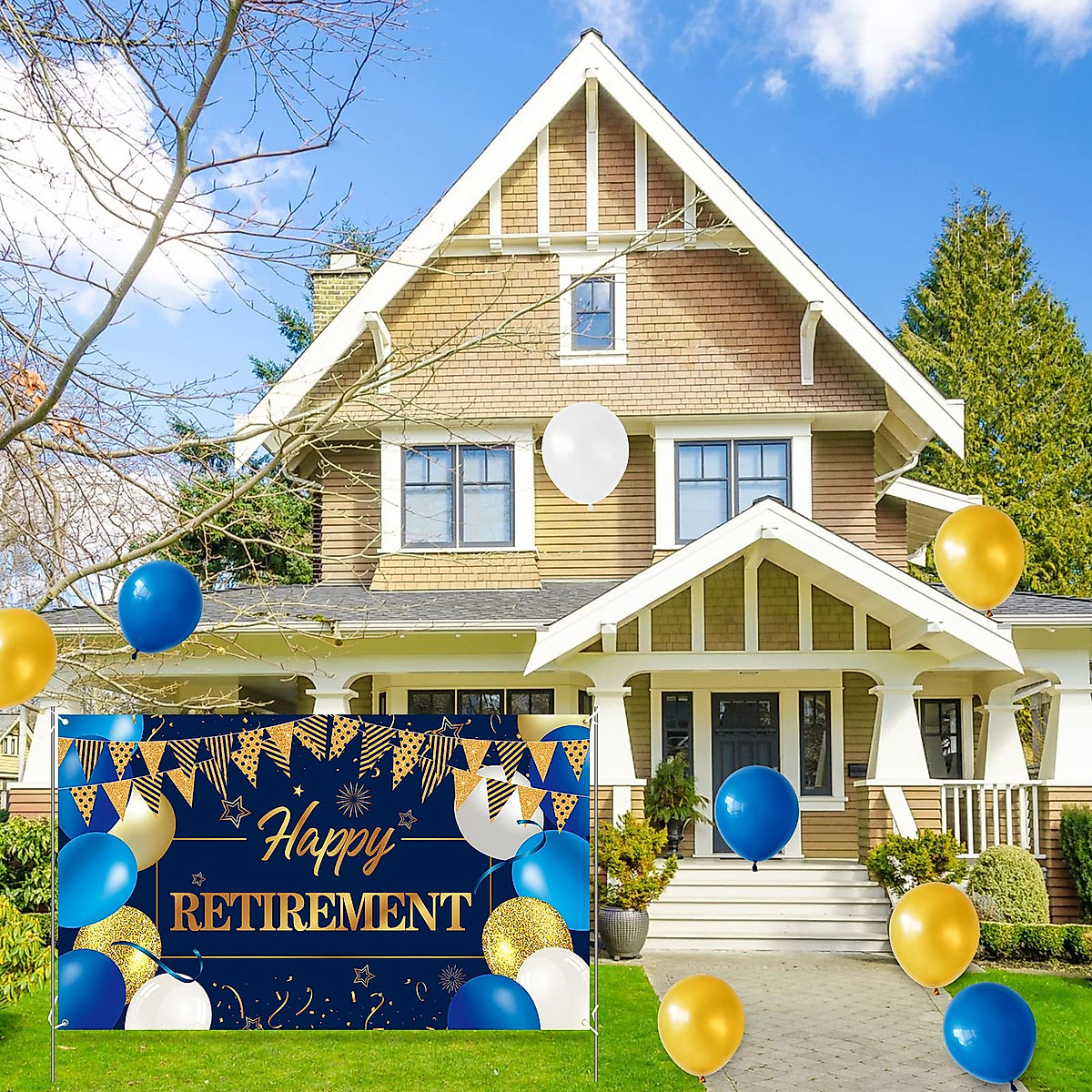 Happy Retirement Party Decorations Backdrop - Extra Large Retirement Decorations Banner Blue and Gold Happy Retirement Banner Party Supplies Photo Backdrop Background for Men, 70.8 x 43.3 Inch