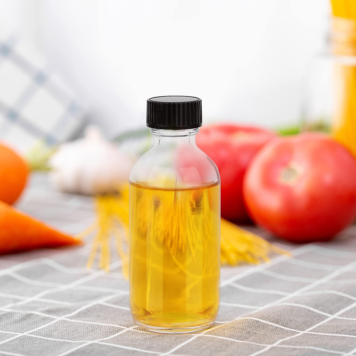 Rionisor 2OZ Small Glass Bottles with Lids and Funnels, 60ml Boston Round Glass Bottles, Perfect for Diy Essential Oils, Perfumes, Whiskey and Juices, 6 Pack Clear