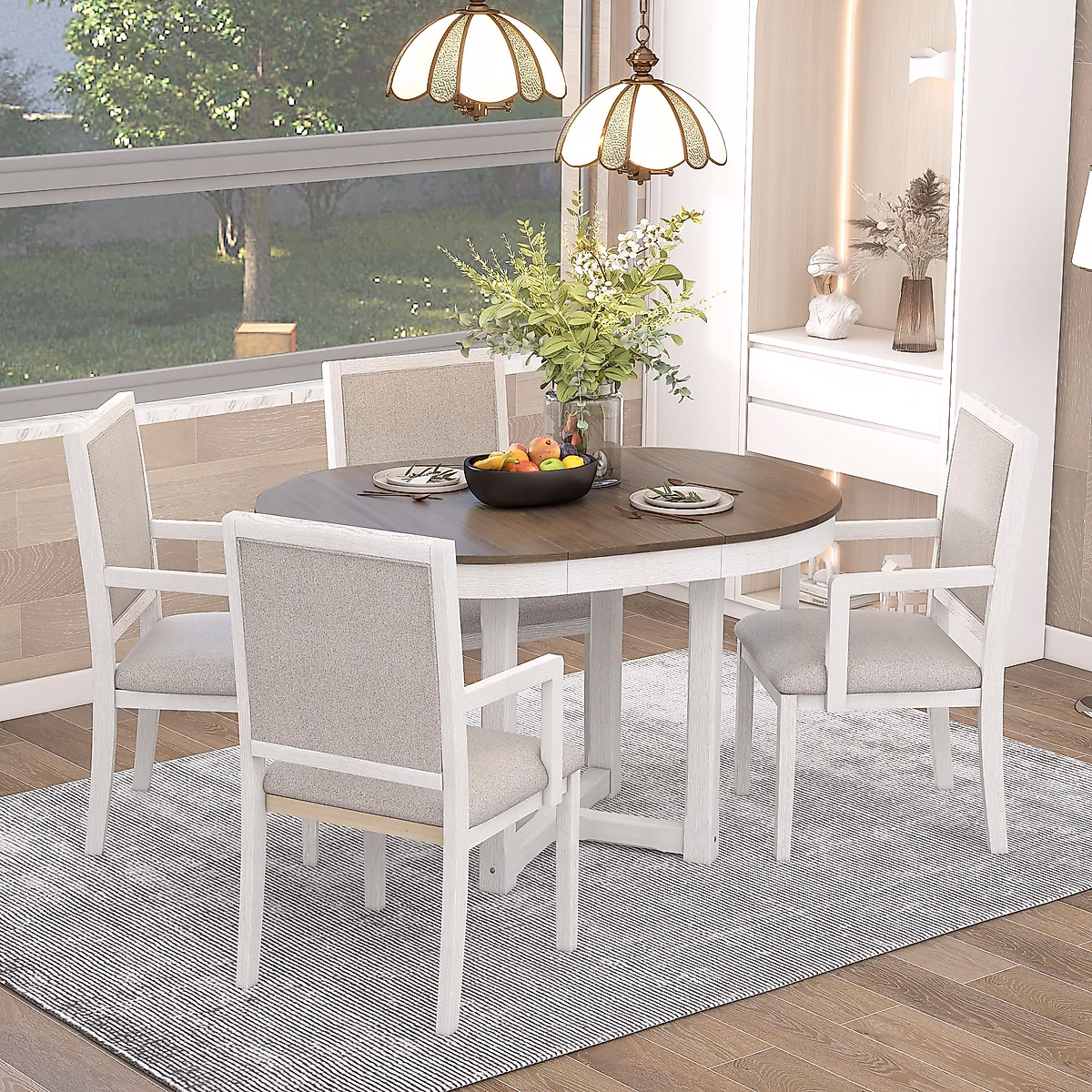 YuiHome Set 5-Piece Wooden Two-Size Round to Oval Extendable Butterfly Leaf Wood Table and 4 Upholstered Dining Chairs with Armrests for Kitchen, Dinning Room,Brown+White