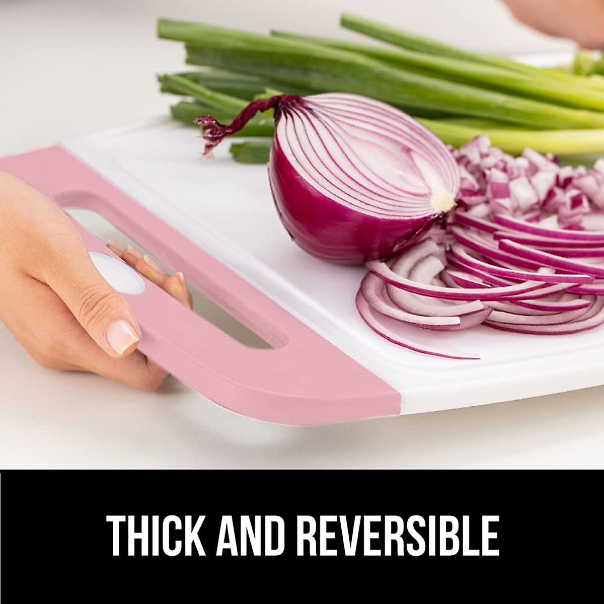 The Original GORILLA GRIP Oversized 100% BPA Free Reversible Durable Kitchen Cutting Board Set of 3, Juice Grooves, Dishwasher Safe, Easy Grip Handle Border, Food Chopping Boards, Cooking, White Pink