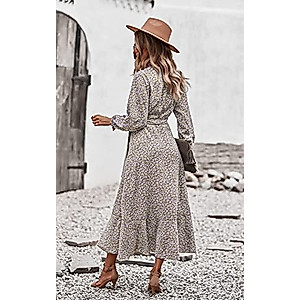 PRETTYGARDEN Women's Long Sleeve Vintage Flowy Dress Floral Print V-Neck Maxi Dresses with Belt (Khaki,Small)