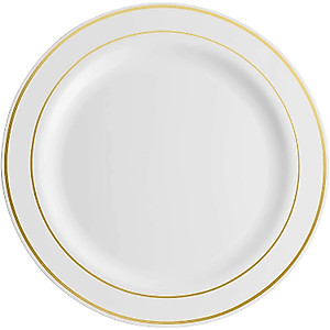 60 Gold Plastic Plates Set, 30 Pcs 10.25 Inch Plastic Dinner Plates and 30 Pcs 7.5 Inch Plastic Dessert Plates, Elegant Fancy Heavy Duty Disposable Plates for Party, Wedding, White with Gold Rim