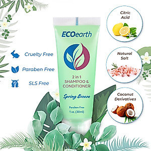 EcoEarth Travel Size Shampoo Conditioner 2-in-1 (1 fl oz, 100 PK, Spring Breeze) Delight Your Guests w/Revitalizing & Refreshing Conditioning Shampoo Amenities, Small Size Hotel Toiletries in Bulk