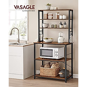 VASAGLE Baker's Rack, Microwave Oven Stand, Kitchen Tall Utility Storage Shelf, 6 Hooks and Metal Frame, Industrial, 15.7 x 31.5 x 65.7 Inches, Rustic Brown and Black UKKS019B01
