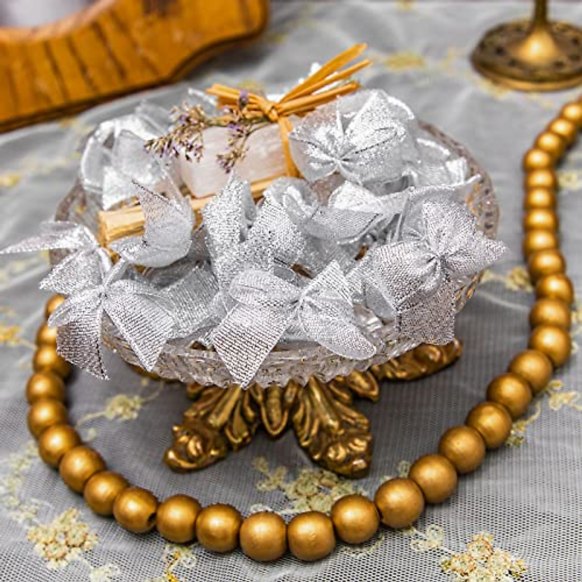 Mini Silver Satin Bows with Self-Adhesive Tape (1.5 in, 200 Pack)