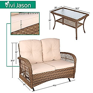 VIVIJSAON 2-Piece Patio Wicker Loveseat Glider Set Cushioned, Outdoor Conversation Furniture Sets with 2-Seater Glider Rocking Bench, Coffee Table and Cushions for Porch Garden Poolside, Light Brown