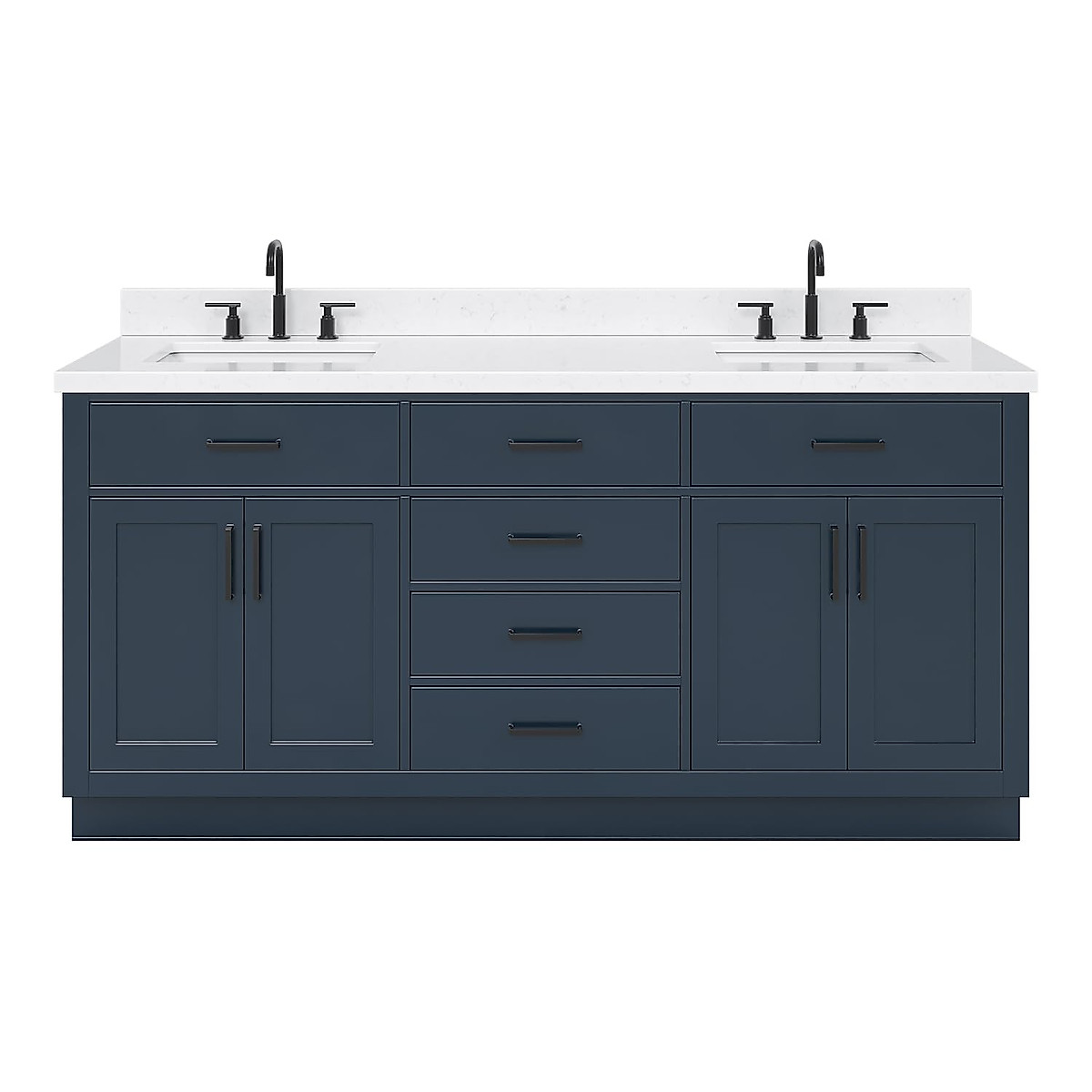 ARIEL Hepburn 72" Midnight Blue Double Vanity, 1.5" Edge Carrara Quartz Countertop & Splash, Rectangular Sinks, 4 Soft Closing Doors, 6 Full Extension Dovetail Drawers, Toe Kick, Matte Black