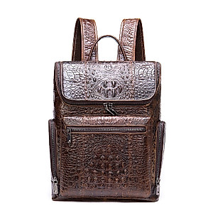 Premium Leather 14 Inch Laptop Backpack Large Capacity Daypack for Travel Hiking Camping, Crocodile Embossed Black