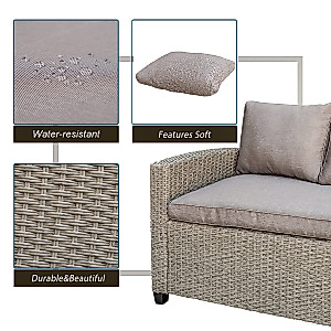 GINGVAT Patio Outdoor Furniture PE Rattan Wicker Conversation Set All-Weather Sectional Sofa with Table & Soft Cushions (Brown)