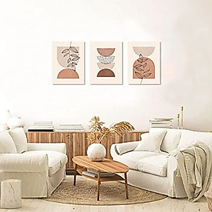 Minimalist Boho Wall Art Set of 3, Mid-Century Modern Wall Prints, Framed Neutral Abstract Geometric Prints Moon Botanical Artwork Paintings Posters Large Boho Wall Decor Ready To Hang for Bathroom Bedroom Living Room Boho Room Decor (12"x16")