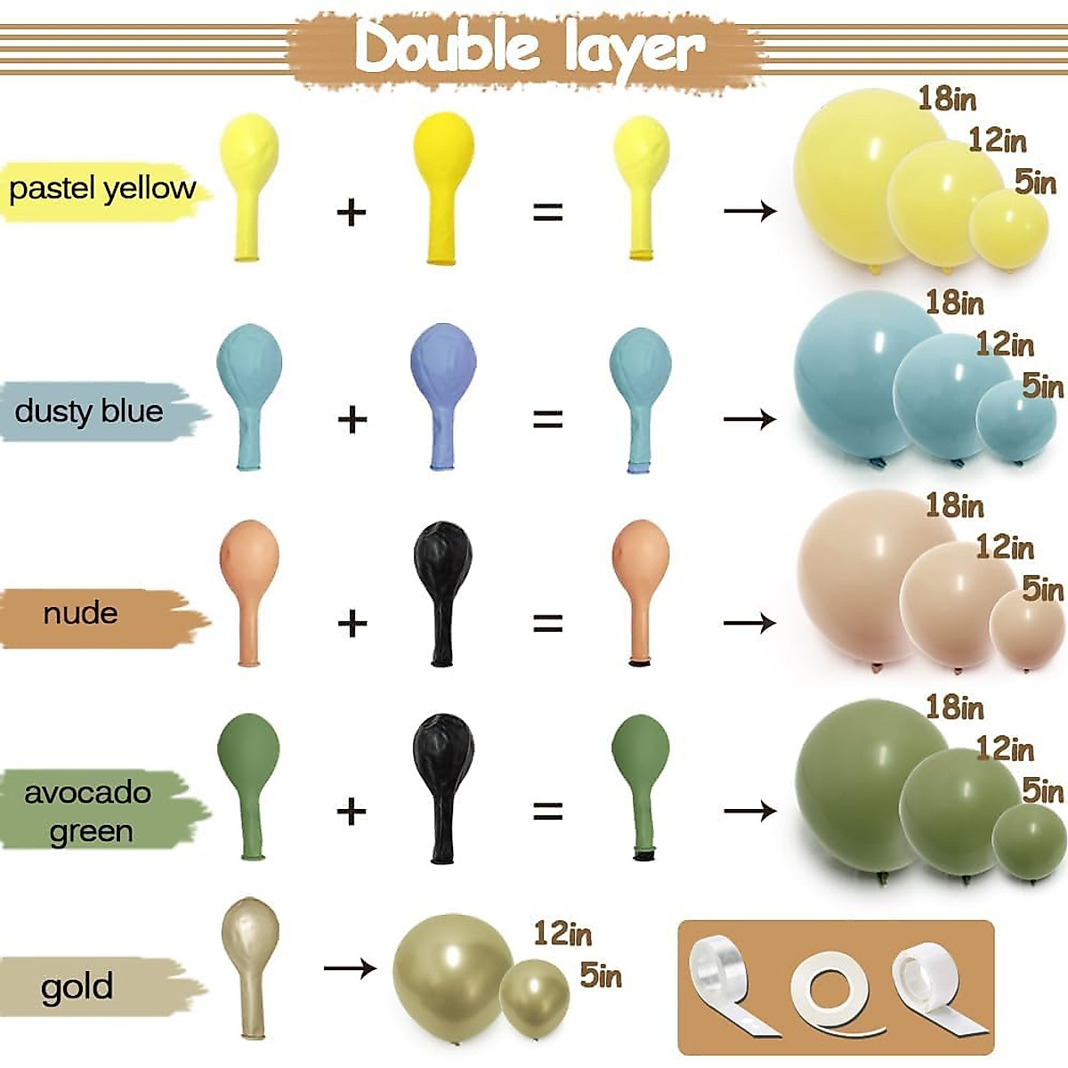 Blue Yellow Green Balloon Garland Double Stuffed Dusty Blue Sage Green Brown Balloon Arch Kit Olive Apricot Nude Metallic Gold Latex Balloons For Birthday Bridal Baby Shower Wild One Party Deocration