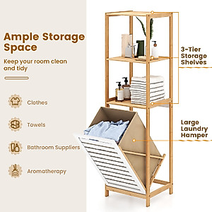 GOFLAME Tilt Out Laundry Hamper with 3-Tier Storage Shelves, 51” Tall Bathroom Storage Shelf with Removable Basket, Bamboo Laundry Basket Organizer for Bathroom, Laundry Room, Bedroom, Natural
