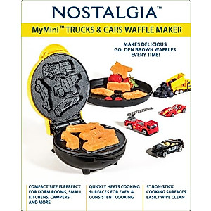 Nostalgia MyMini Cars and Trucks Shape Electric Waffle Maker, 5-Inch Non-Stick Griddle for Waffles, Hash Browns, Eggs, and More, Yellow