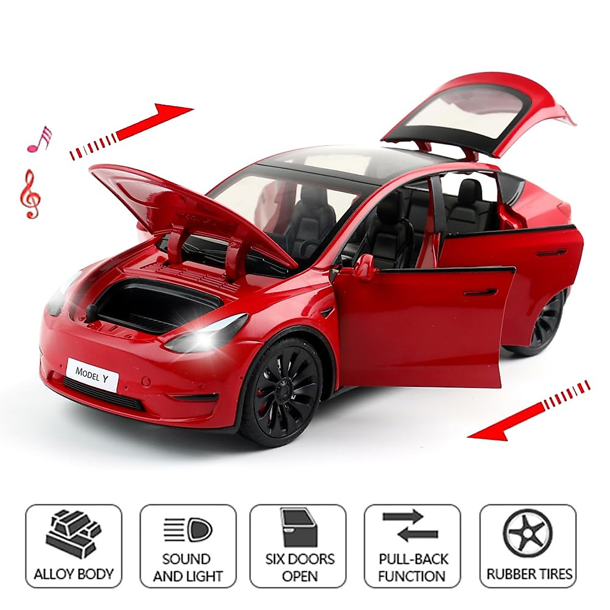 1:24 Scale Model Y Alloy Car Model Diecast Toy Vehicles for Kids, Tesla car Model，Pull Back Alloy Car with Lights and Music，Gifts for Adults and Children, Decorative Objects, Collectibles. (Red)