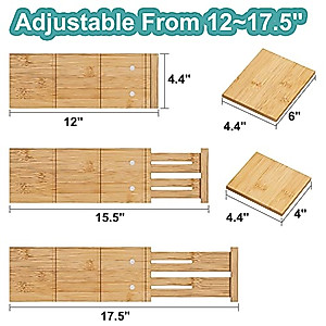 Vriccc 4.4" High Drawer Dividers with Inserts, Bamboo Drawer Dividers for Clothes, Expandable from 12-17.5", Adjustable drawer organizer for Bedroom, Kitchen & Office, 4 Dividers with 8 Insert.