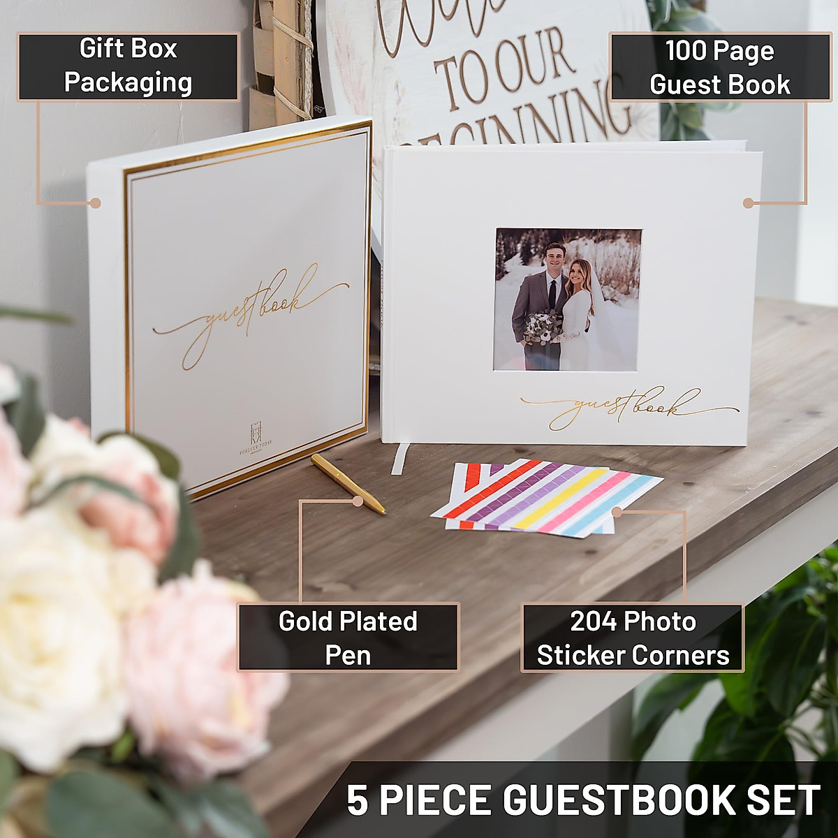 Wedding Guest Book - 8" x 10" Keepsake Guest Book for Party, Anniversary, Retirement, Graduation Sign-in & Photos with 2 Multi-Colored Photo Sticker Sheets, Golden Pen and Bookmark