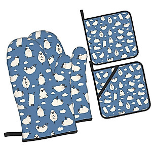 Feartdiy Oven Mitts and Pot Holders Sets of 4,Sheep Yoga Heat Resistant Kitchen Cooking Oven Gloves and Potholders for BBQ Baking Grillin, Black, One Size