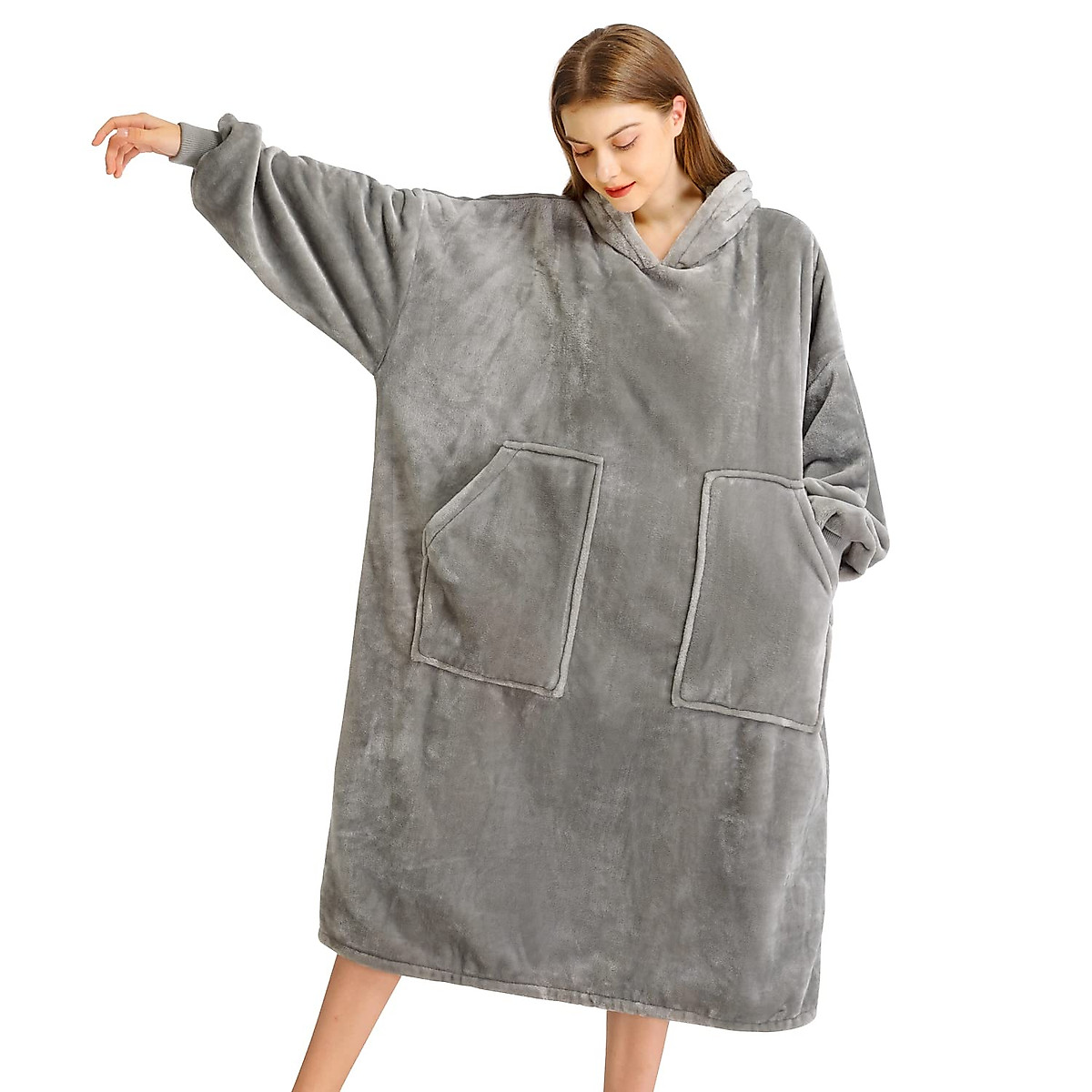 Kipswiza Oversized Wearable Blanket Flannel Soft Long Hoodie Blankets for Adults-Light Grey