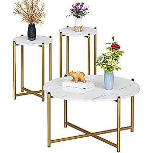 DKLGG Coffee Table Set of 3, Modern Round Coffee Table & 2pcs End Table Faux Marble Tabletop with Gold Cross Base Frame, Modern Living Room Table Sets for Apartment, Small Space (Gold)