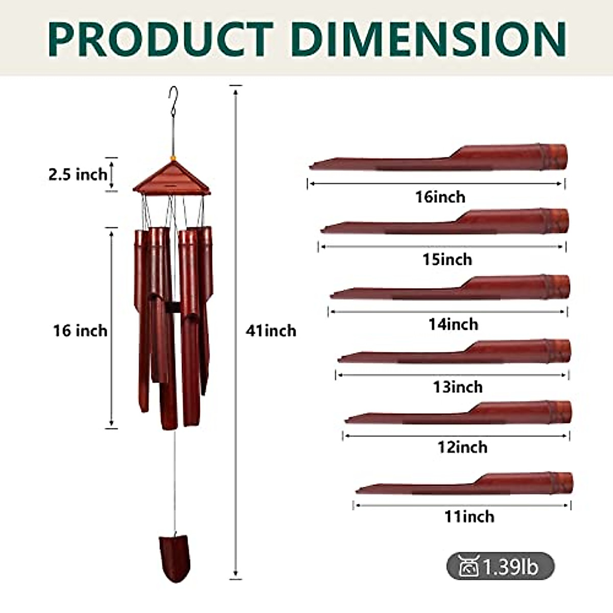 Bamboo Wind Chimes, 41" Outdoor Wood Wooden Wind Chimes with Melody Deep Tone, Classic Zen Garden Décor for Patio and Home, Dark Brown Finish and Natural Sound Ideal for Enhancing Any Outdoor Space