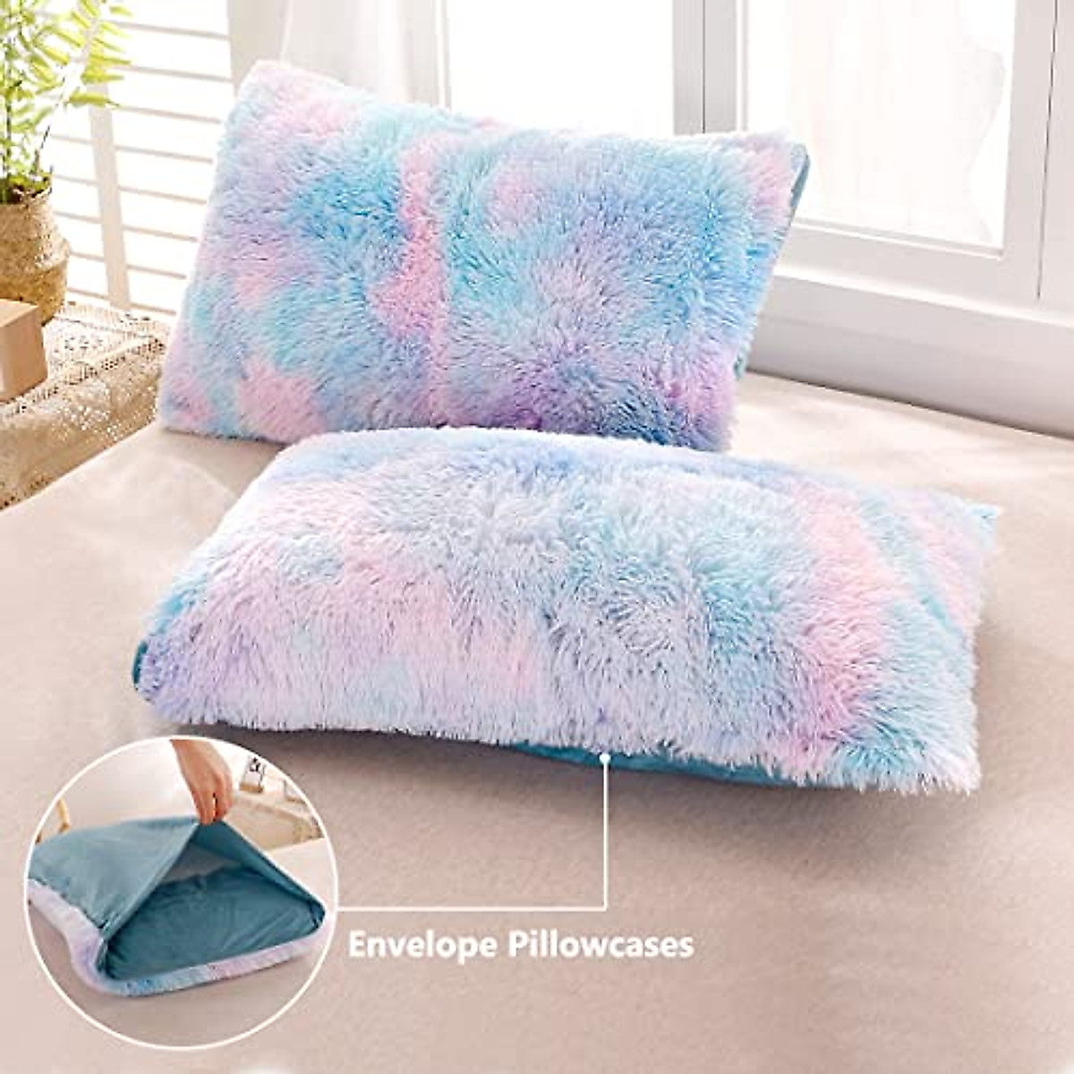 SUCSES Tie Dye Plush Shaggy Duvet Cover Set Full Size Rainbow Faux Fur Bedding Set for Teens Girls Soft Velvet Fluffy Fuzzy Comforter Cover Bed Set (Blue Purple Ombre, Full)