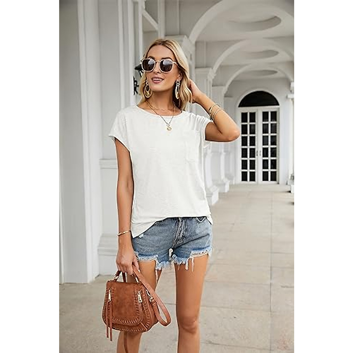 MEROKEETY Women's Casual Cap Sleeve T Shirts Basic Summer Tops Loose Solid Color Blouse White
