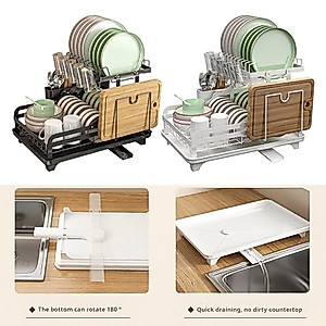 LEAQU Dish Drying Rack,2-Tier Metal Dish Drying Rack with Drain Board, Anti-Rust No Installation Dish Drainer with Utensil Holder,Kitchen Organizer for Dishes, Spoons and Forks White