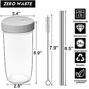 Yirilan Glass Cups - 4 Pack 24oz Mason Jar Drinking Glasses with Lids and Straws,Reusable Boba Cups,Iced Coffee Cup/Tumbler, smoothie cup